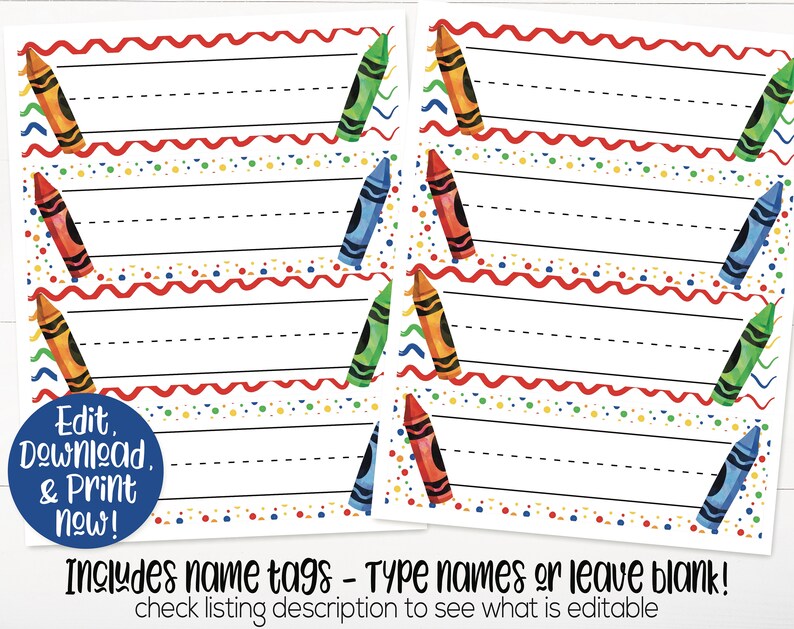 Crayon Theme Classroom Name Tags Printable Teacher Supply | Etsy