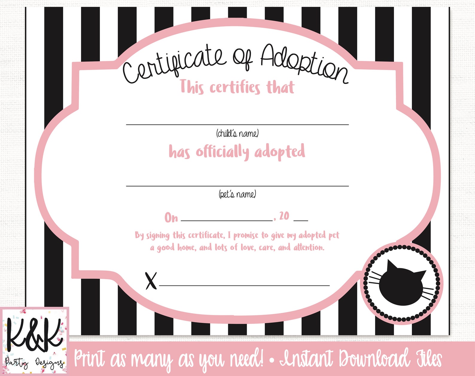 Kitty Cat Adoption Party Certificate, Kitten Adoption, Kitty Cat Party ...