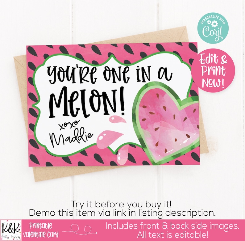 Watermelon Printable Valentine Card, Kids Valentines Day Card, School ...