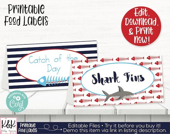 Shark Food Labels, Shark Birthday Party Decorations, Shark 1st Birthday ...
