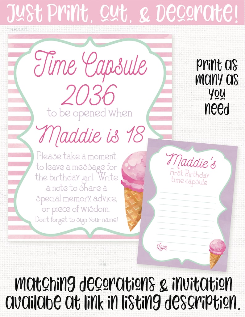 Ice Cream Time Capsule Sign, 1st Birthday Capsule, Ice Cream Birthday ...