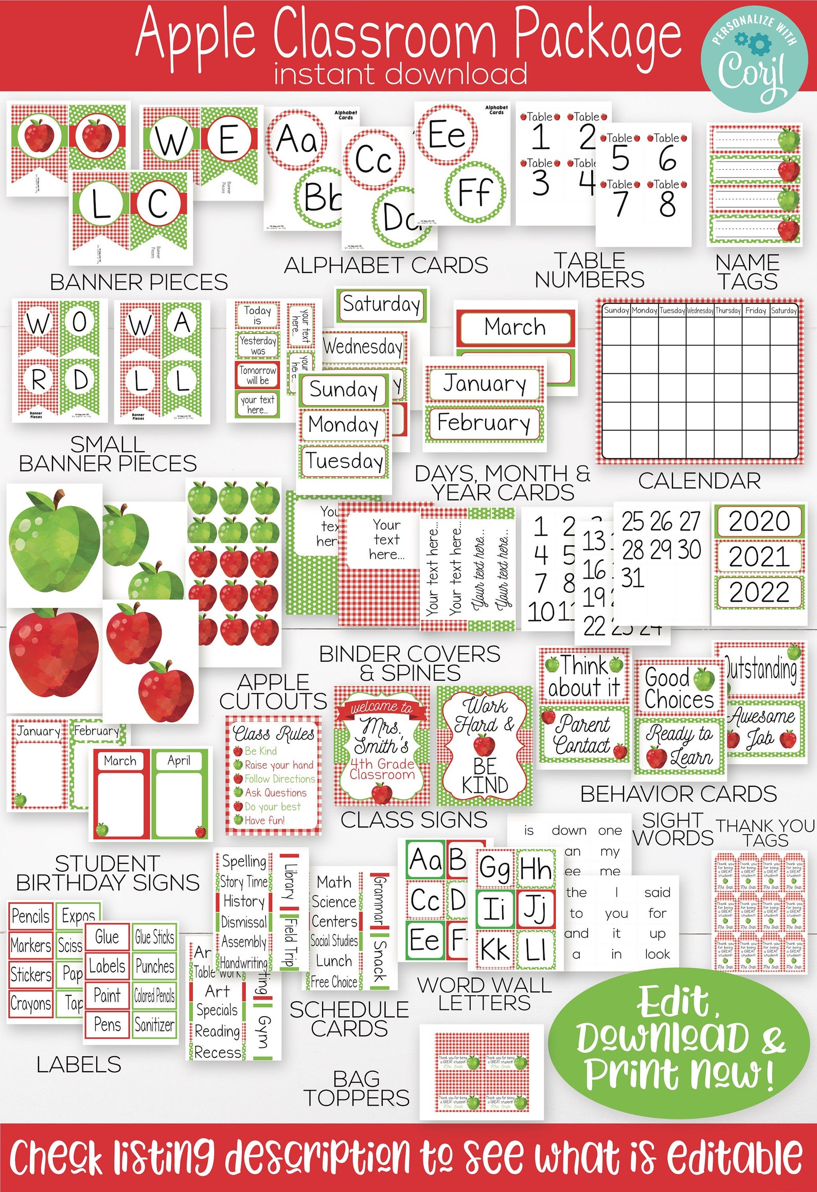 Apple Classroom Banner Printable Apple Theme Teacher Supply | Etsy