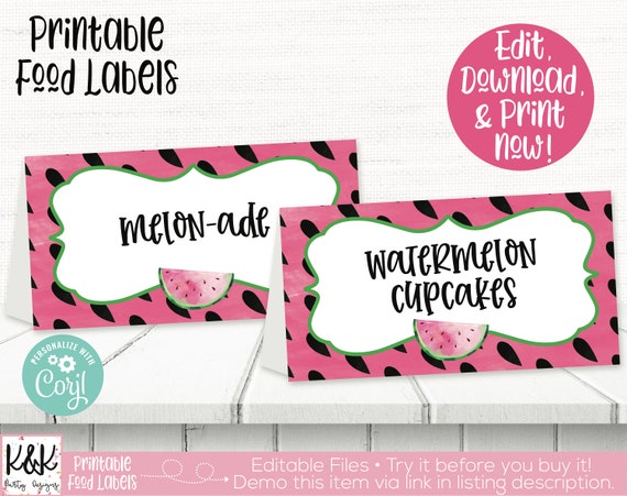 Watermelon Food Labels, One in a Melon, Watermelon Birthday Party ...