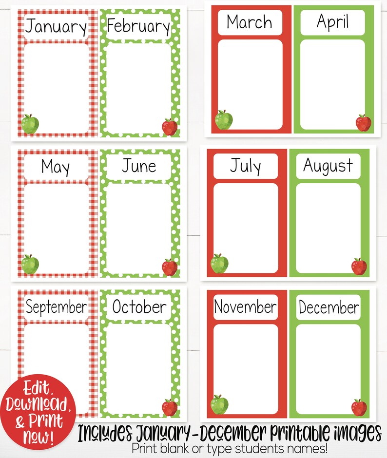 Apple Classroom Birthday Board Printable, Apple Theme, Teacher Supply ...