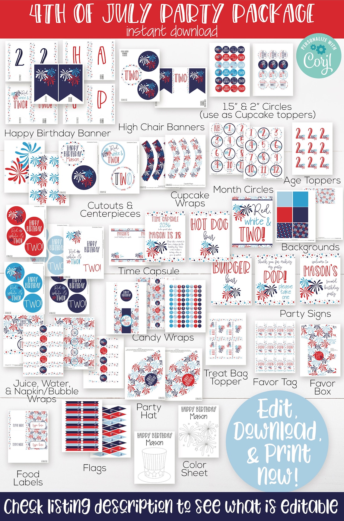 Red White and Two Birthday Party Decorations & Invitation 4th - Etsy