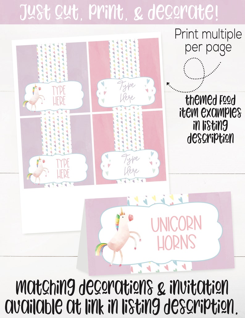 Unicorn Food Labels Unicorn Buffet Cards Unicorn Place | Etsy