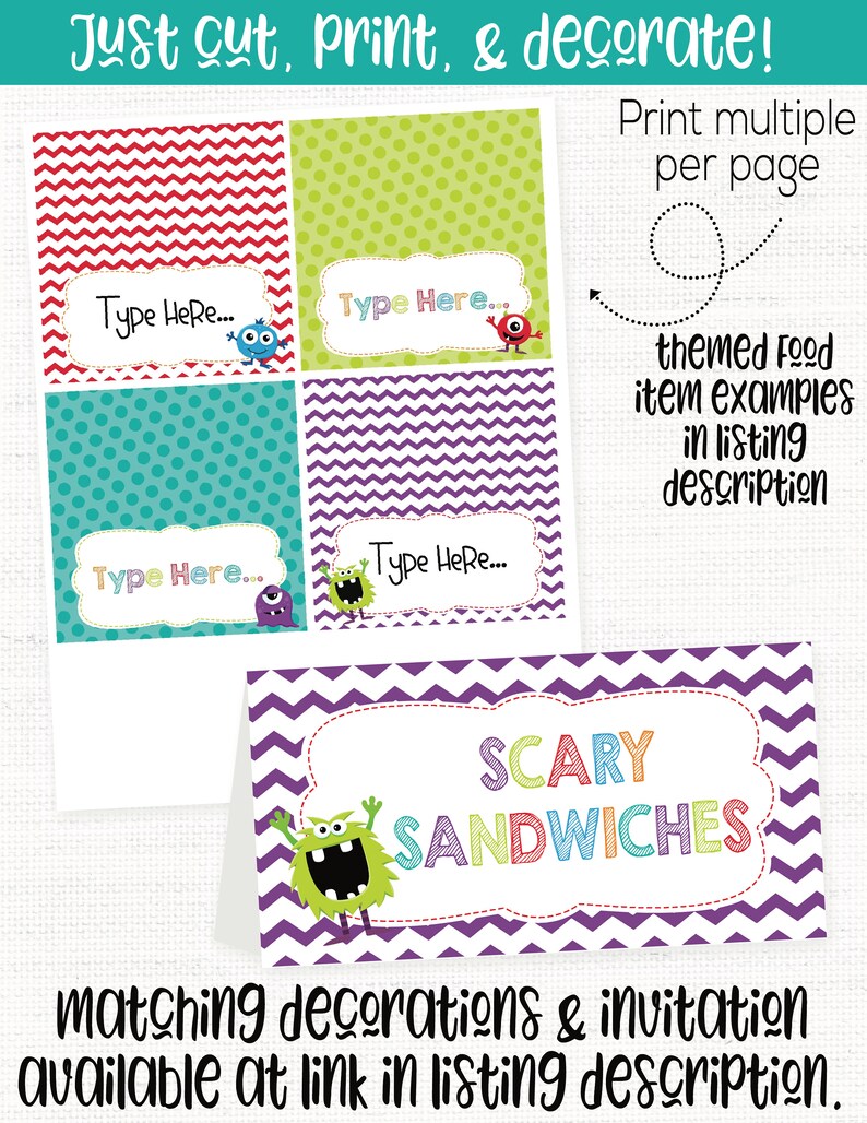 Little Monster Food Label, Monster Buffet Card, Monster Place Card ...