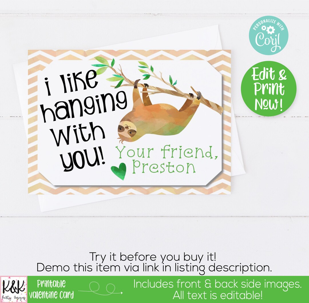 Sloth Printable Valentine Card, Kids Valentines Day Card, I Like ...