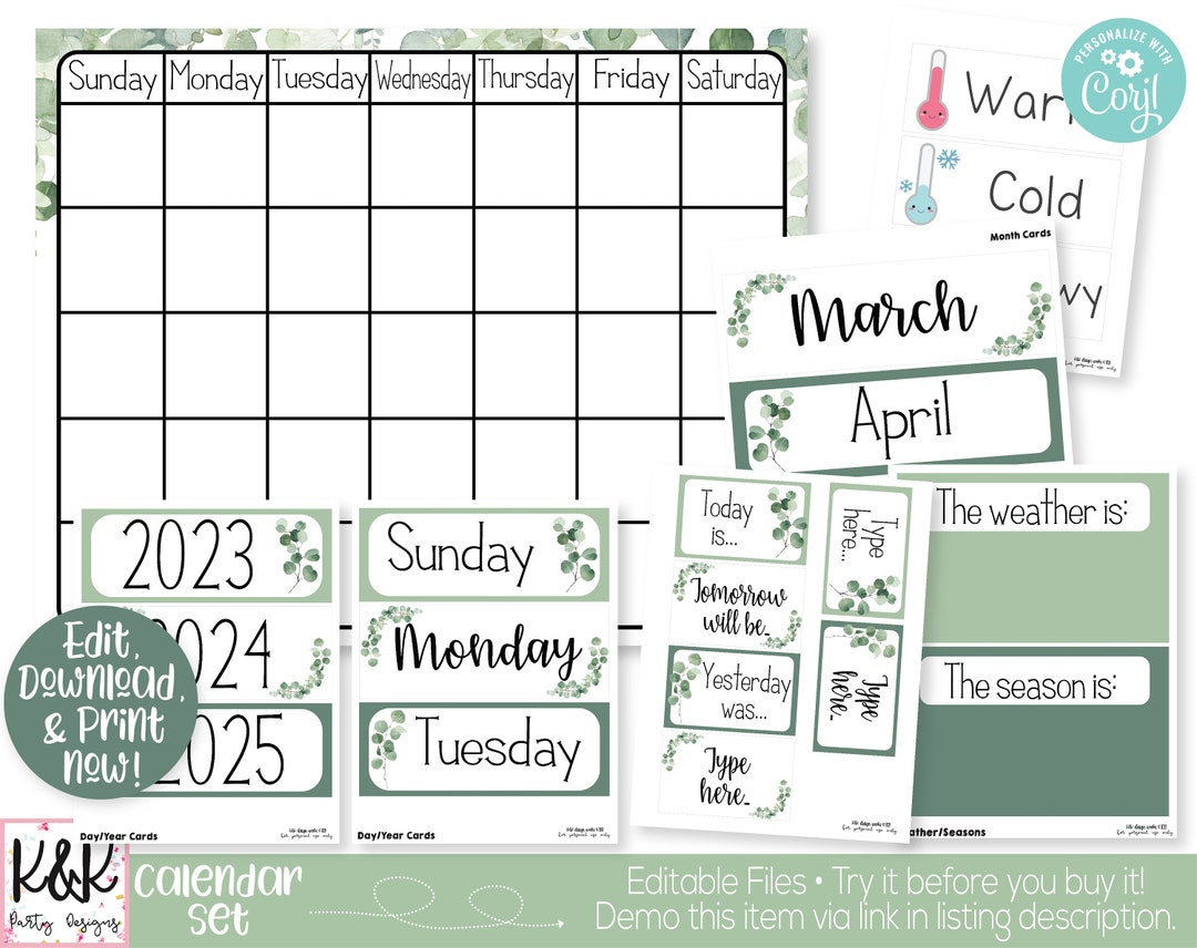 Calm Botanical Theme Classroom Calendar Set Printable, Teacher Supply ...