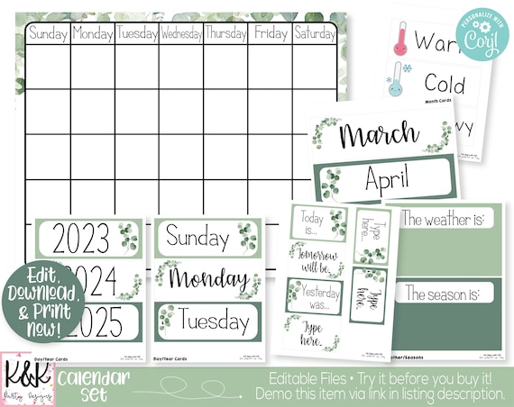 Calm Botanical Theme Classroom Calendar Set Printable, Teacher Supply ...
