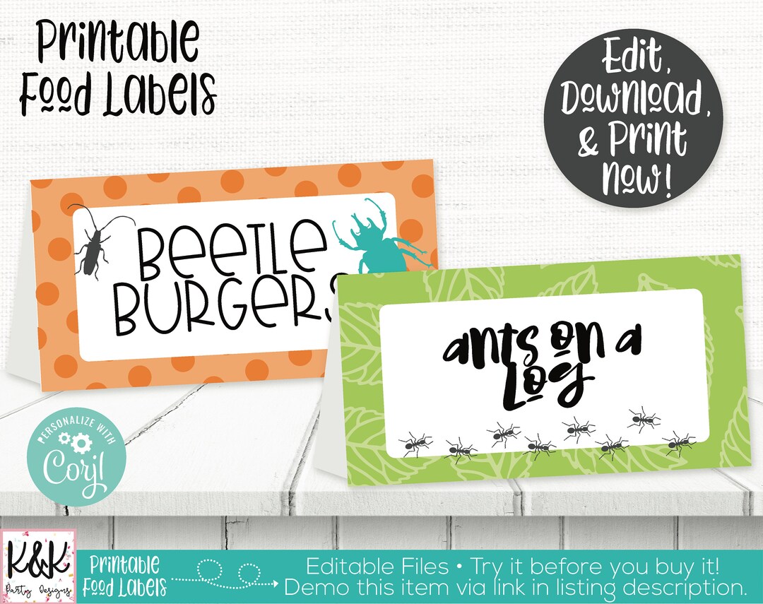 Bug Food Labels, Insect Food Labels, Bug Birthday Party Decorations ...