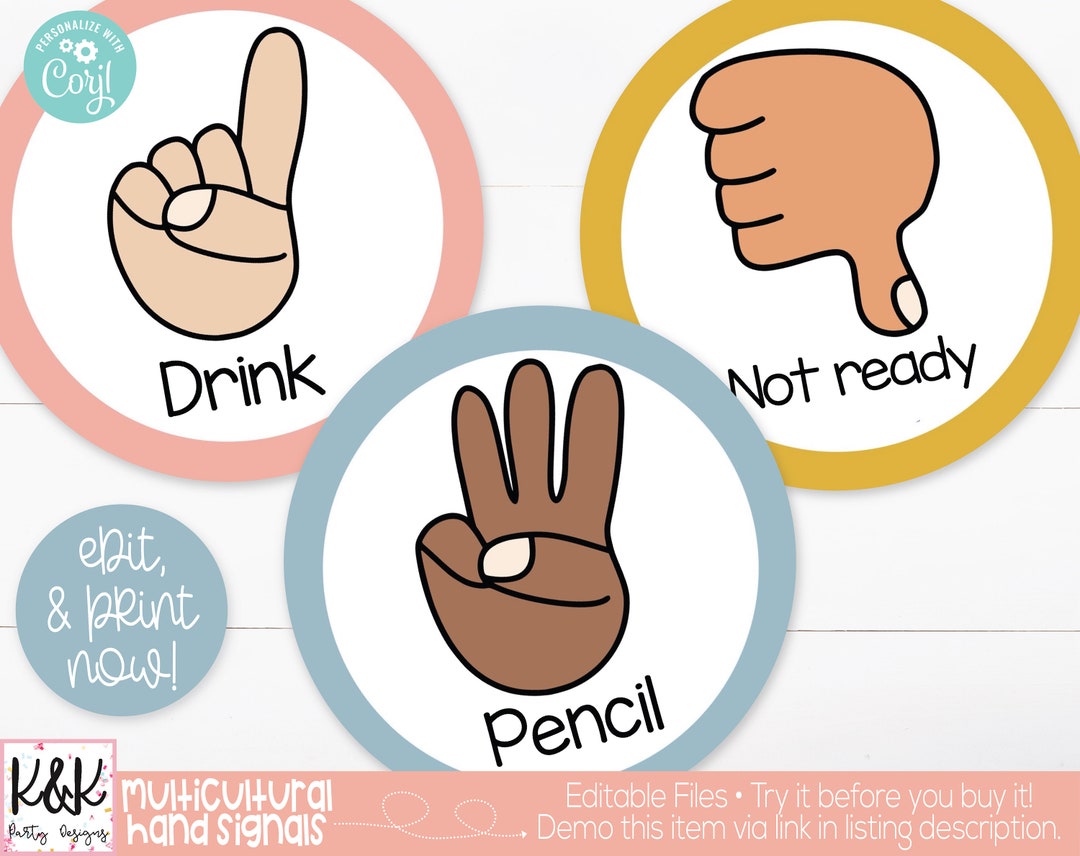 Boho Rainbow Theme Classroom Multicultural Hand Signals Printable ...