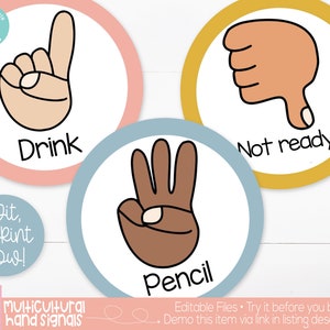 Boho Rainbow Theme Classroom Multicultural Hand Signals Printable ...