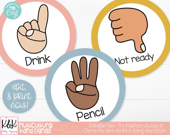 Boho Rainbow Theme Classroom Multicultural Hand Signals Printable ...