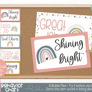 Boho Rainbow Theme Classroom Editable Behavior Clip Chart Printable ...