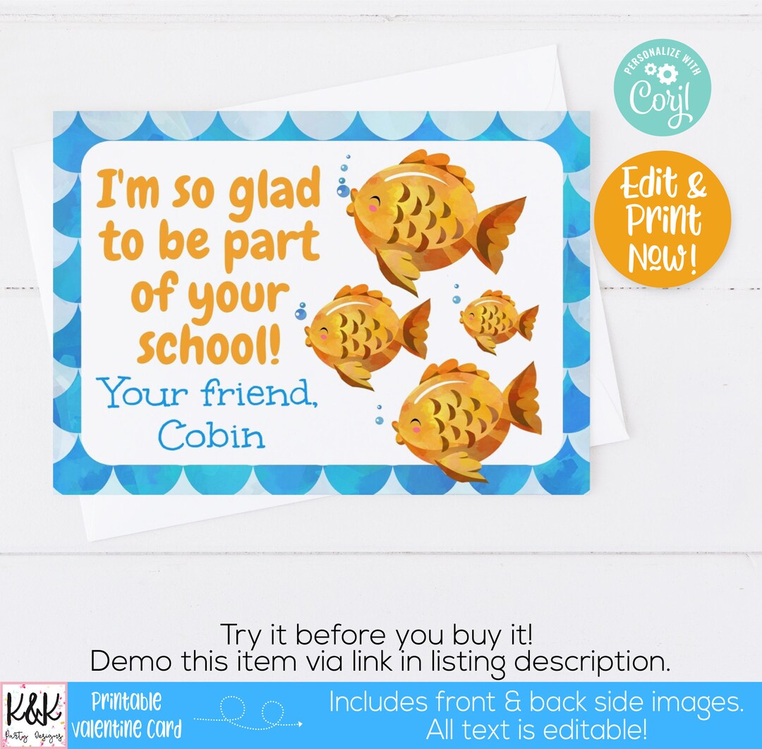 Goldfish Printable Valentine Card, Kids Valentines Day Card, School ...