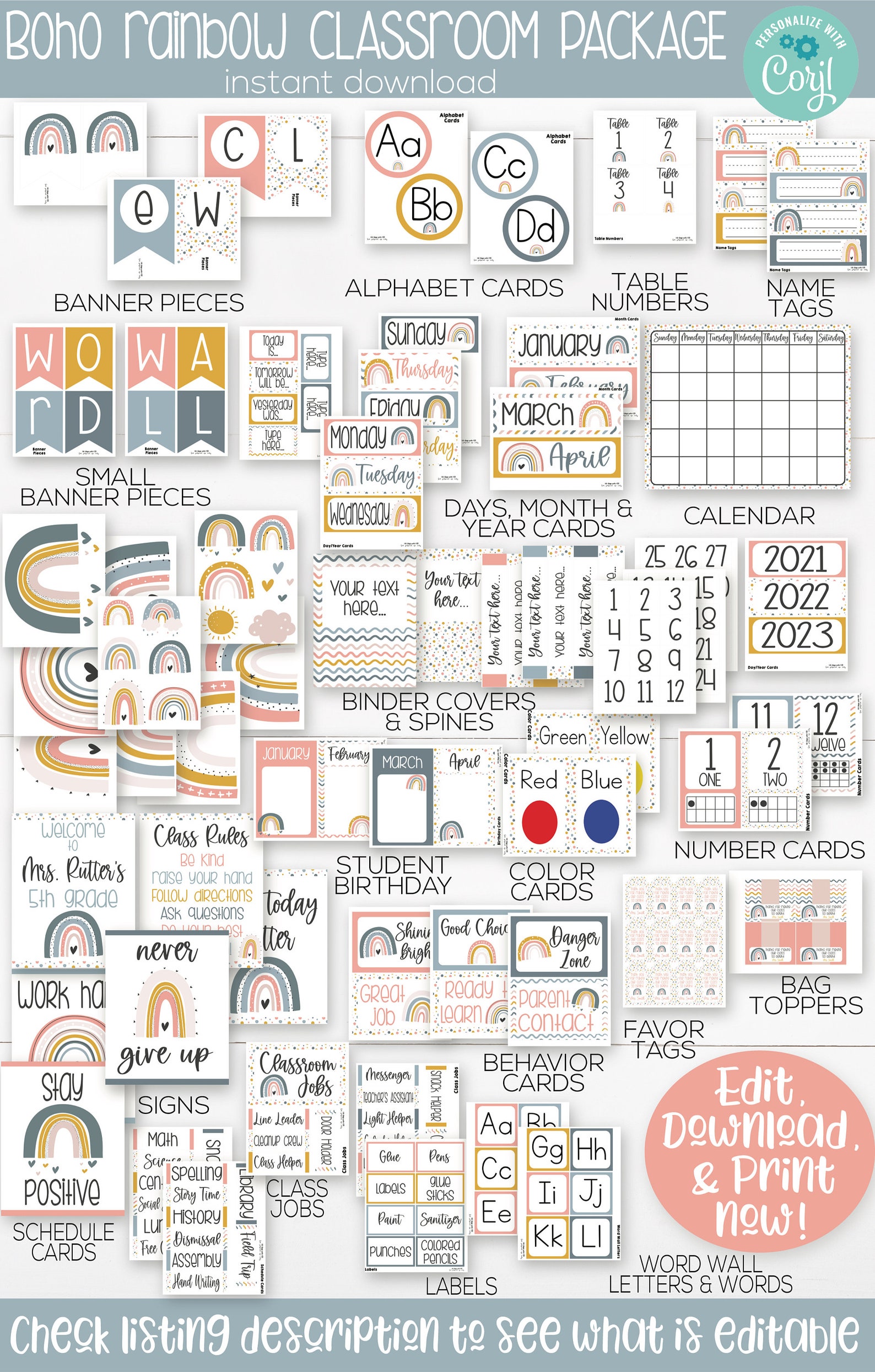 Boho Rainbow Classroom Theme Supplies and Decorations Printable, Boho ...