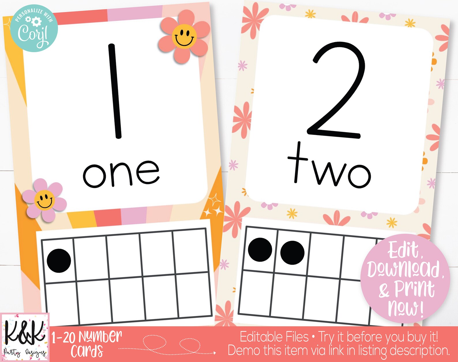 Retro Groovy Daisy Theme Classroom 1-20 Number Cards Printable, Teacher ...