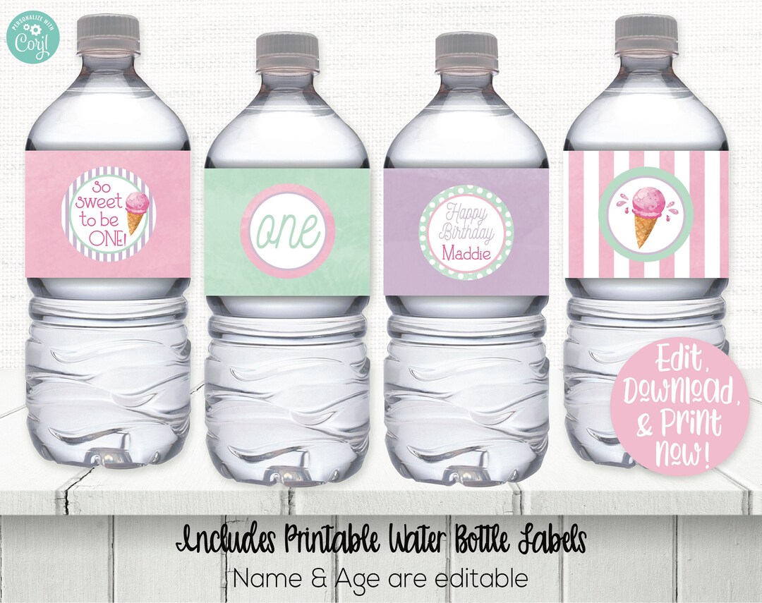 Ice Cream Water Bottle Labels, Ice Cream Drink Labels, Ice Cream ...