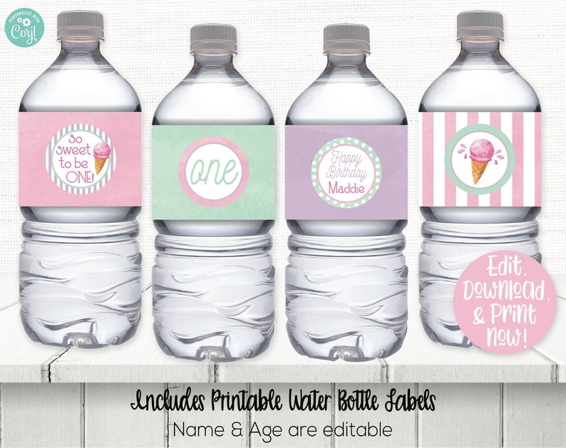 Ice Cream Water Bottle Labels, Ice Cream Drink Labels, Ice Cream ...