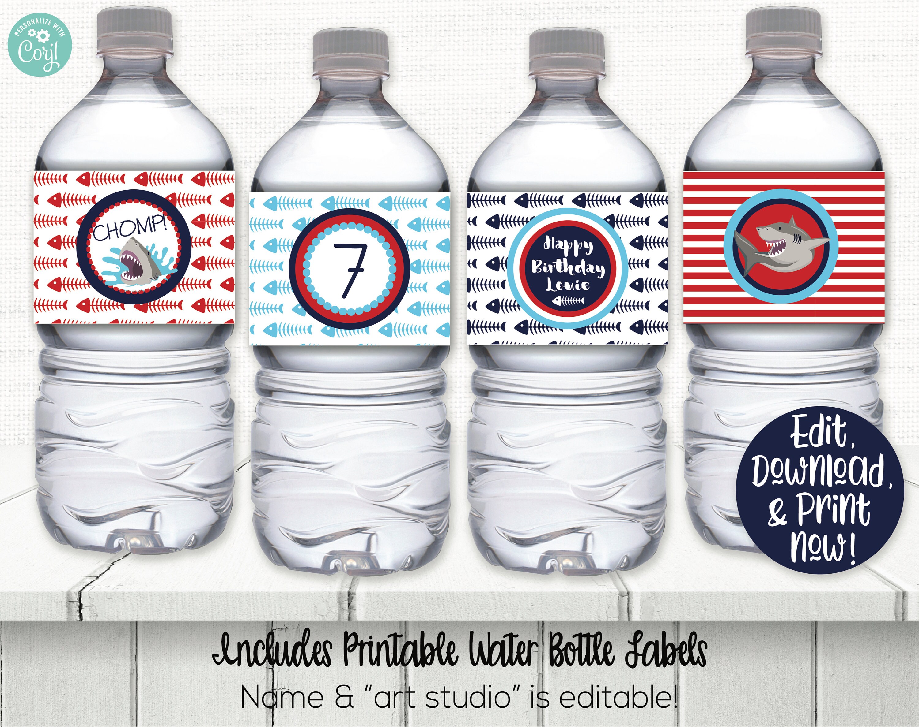 Shark Water Bottle Labels, Shark Drink Labels, Shark Birthday Party ...