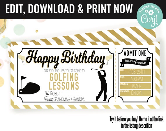 Birthday Surprise Golfing Lessons Gift Voucher, Golf Lessons Printable ... Birthday Surprise Golfing Lessons Gift Voucher, Golf Lessons Printable ...