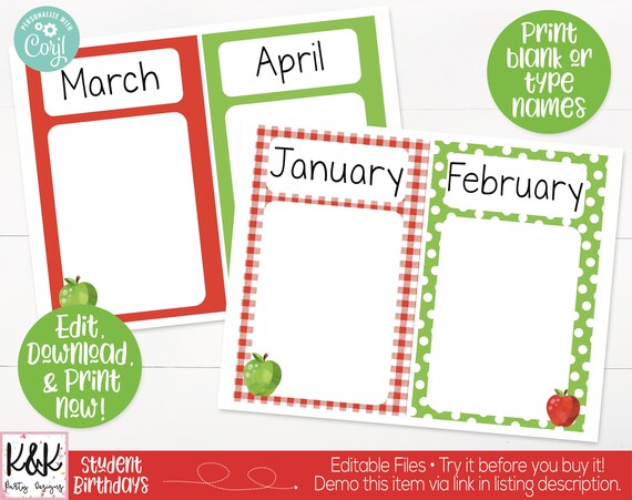 Apple Classroom Birthday Board Printable Apple Theme Teacher - Etsy
