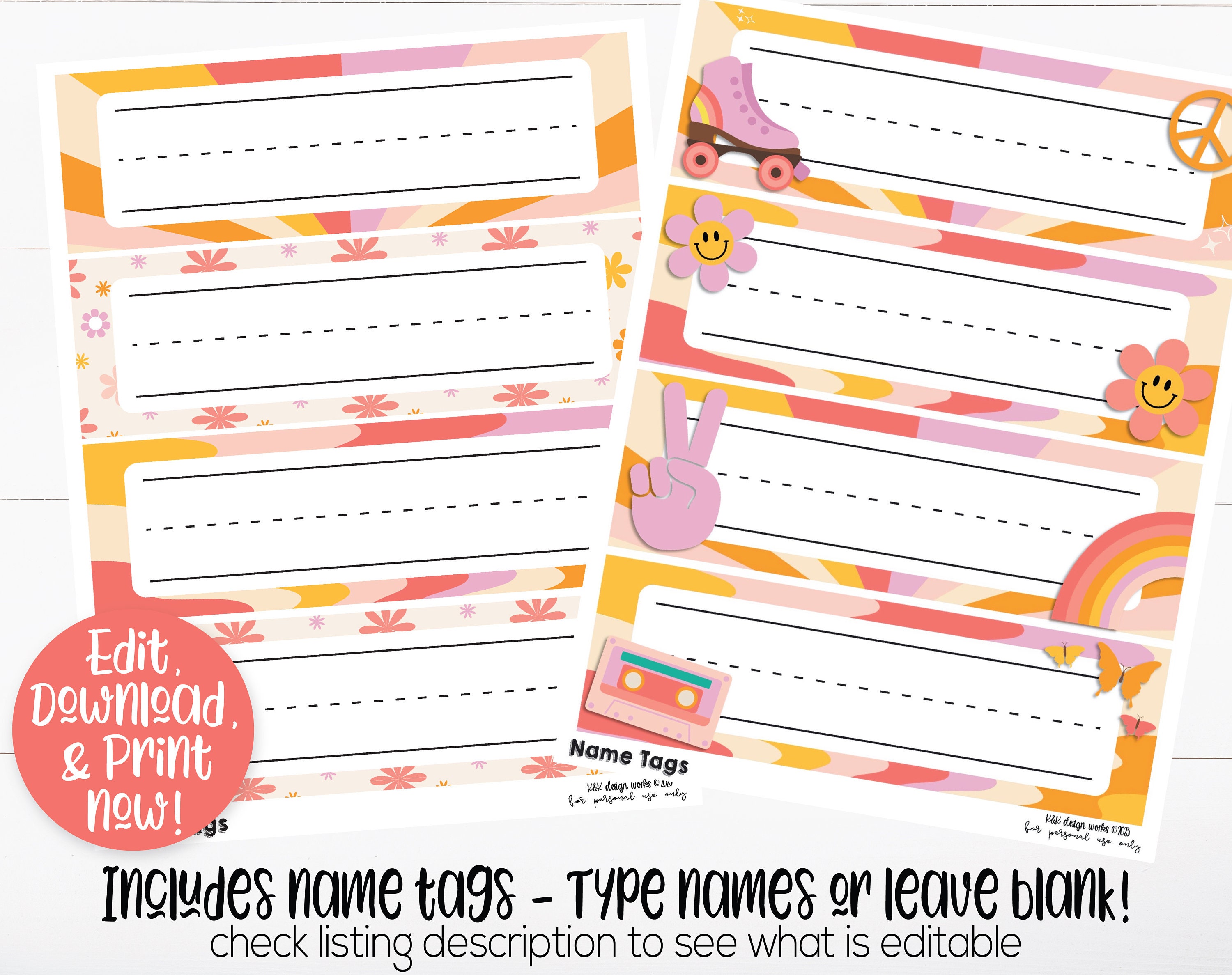 Retro Groovy Theme Classroom Desk Name Tags Printable, Teacher Supply ...