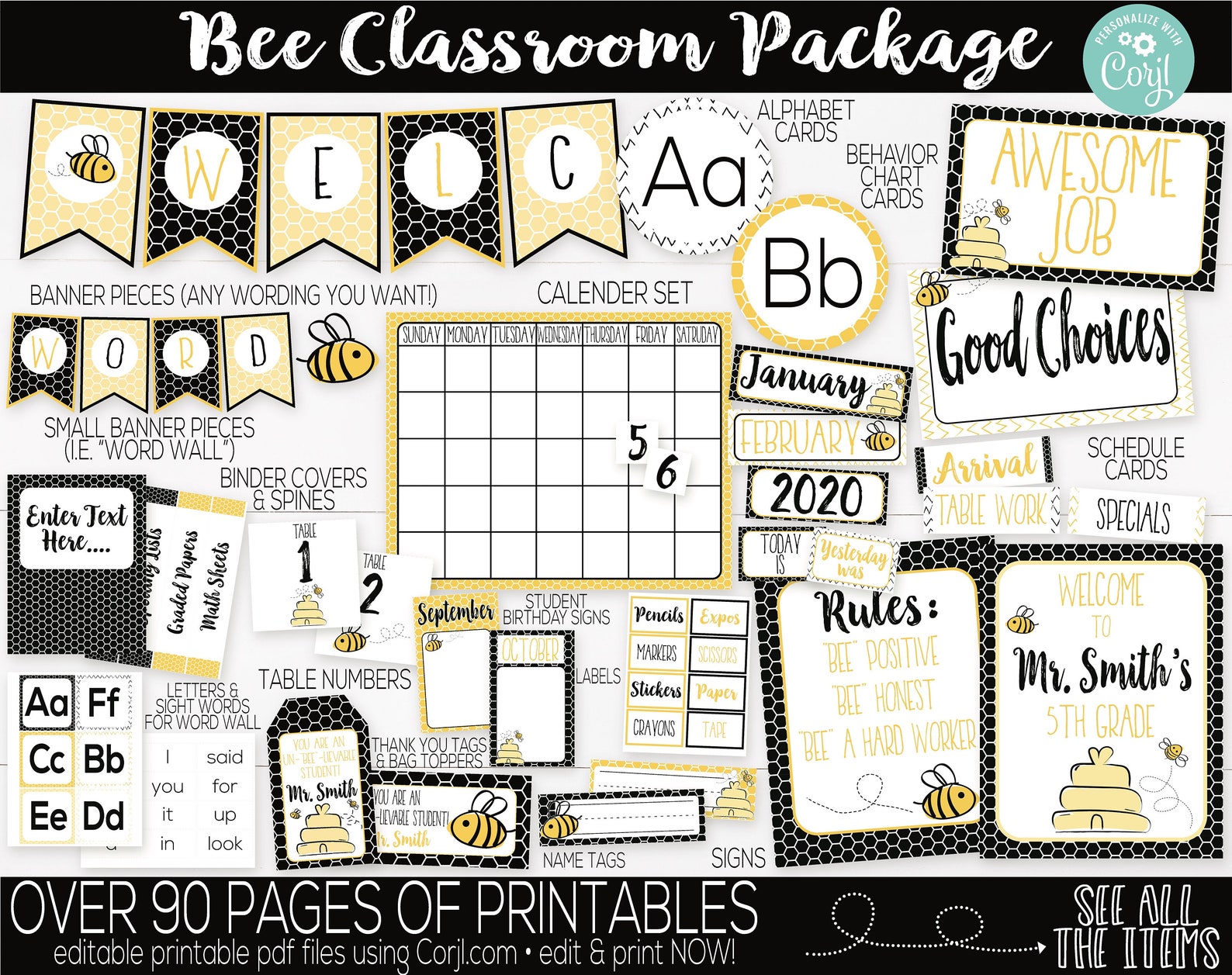 Bee Classroom Alphabet Banner Printable, Bee Theme, Teacher Supply ...