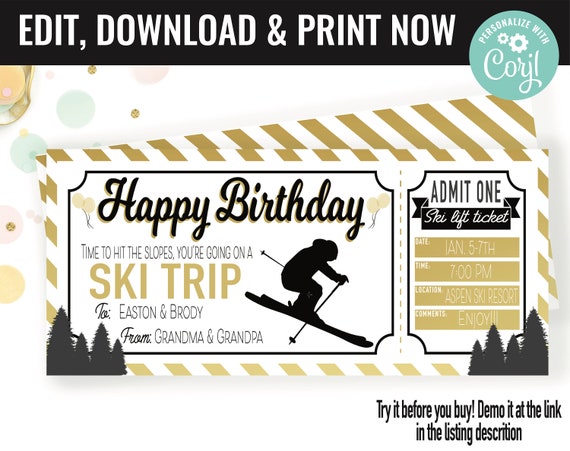 Birthday Ski Trip Ticket Surprise Gift Voucher, Ski Lift Ticket ...