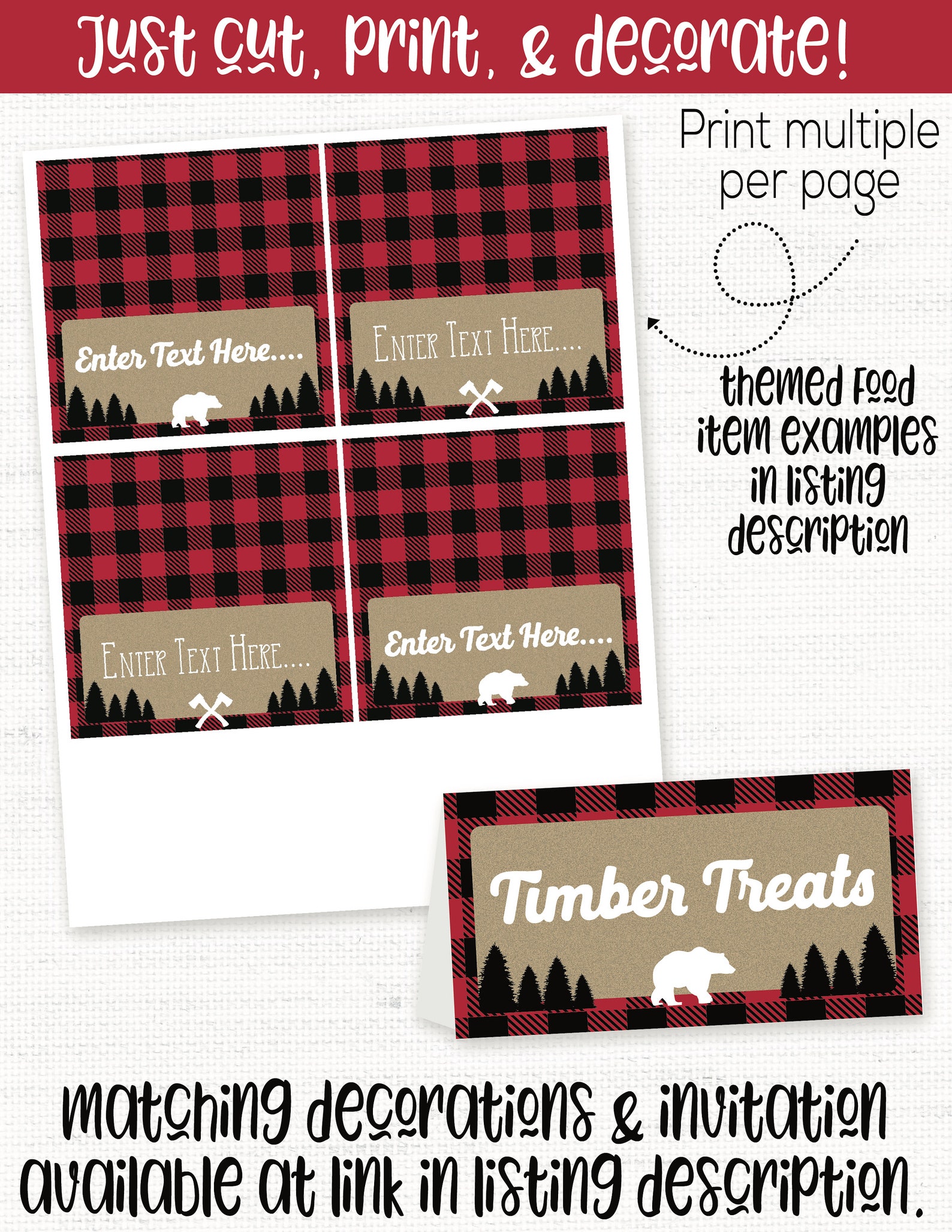 Lumberjack Food Labels, Lumberjack Buffet Cards, Lumberjack Place Cards ...