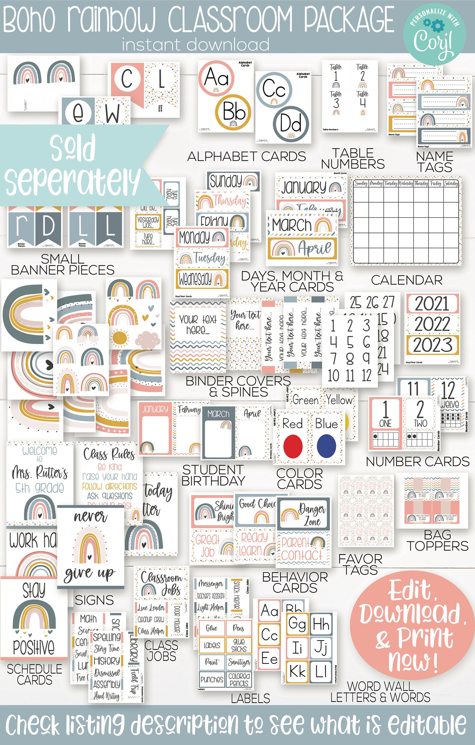 Boho Rainbow Theme Classroom Calendar Set Printable, Teacher Supply ...