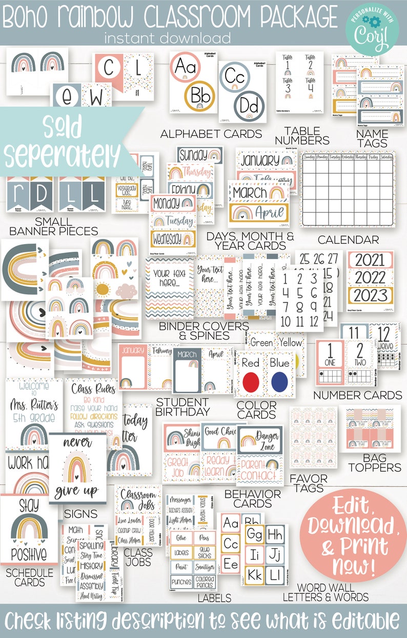 Boho Rainbow Theme Classroom Calendar Set Printable Teacher | Etsy