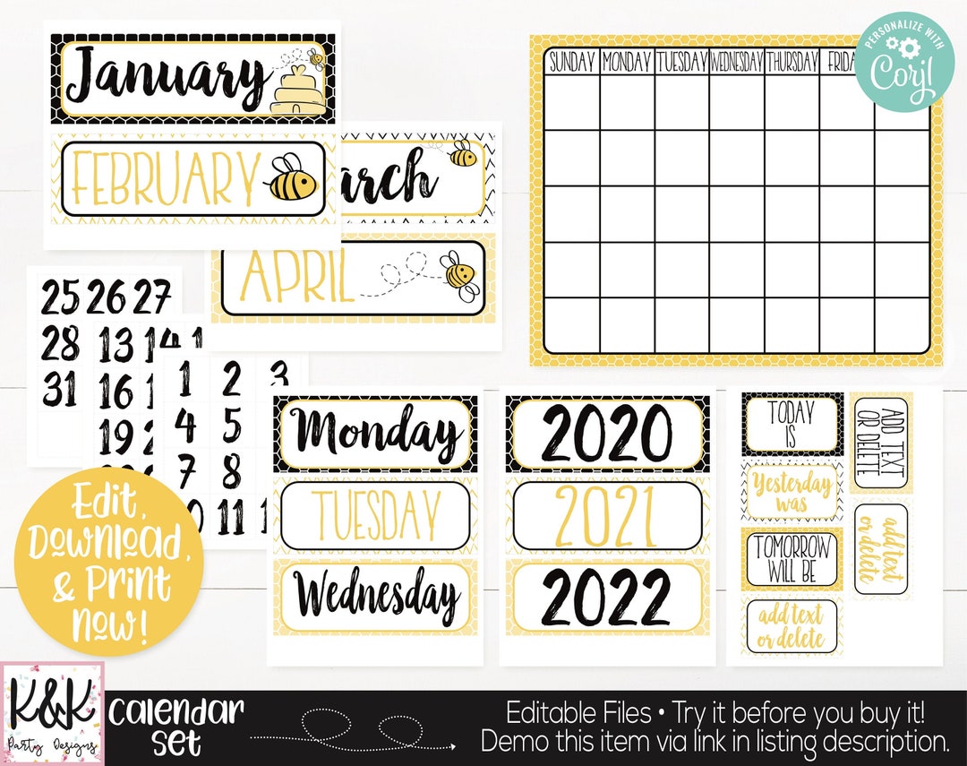 Bee Classroom Calendar Set Printable, Bee Theme, Teacher Supply ...