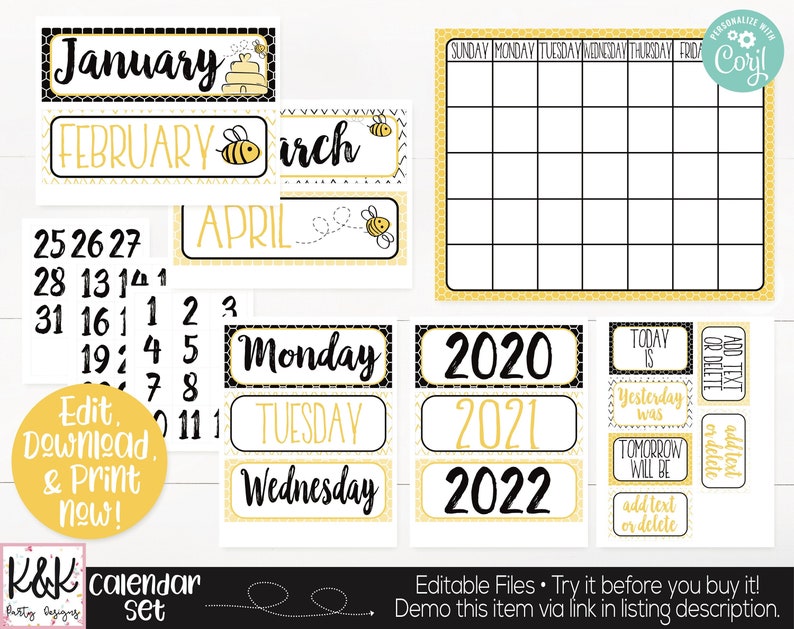 Bee Classroom Calendar Set Printable, Bee Theme, Teacher Supply ...
