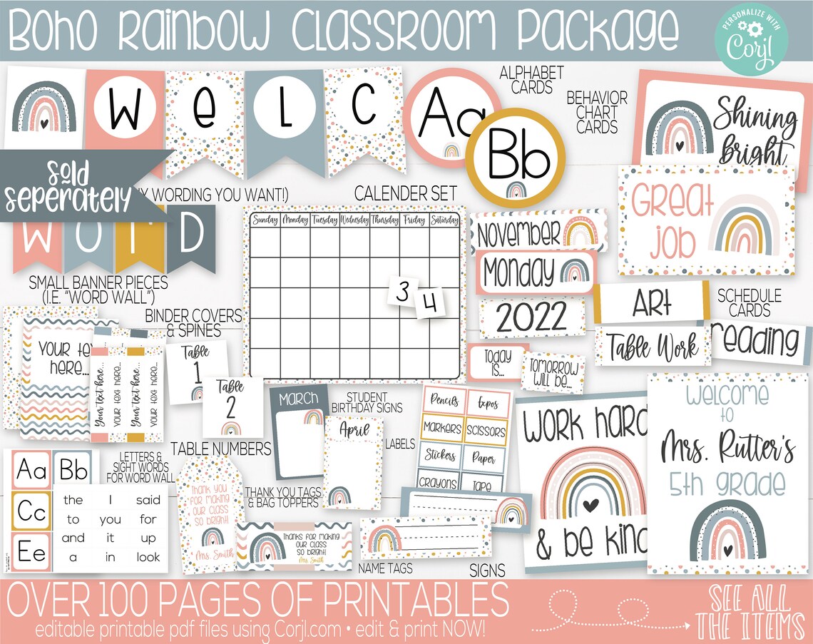 Boho Rainbow Theme Classroom Calendar Set Printable Teacher | Etsy