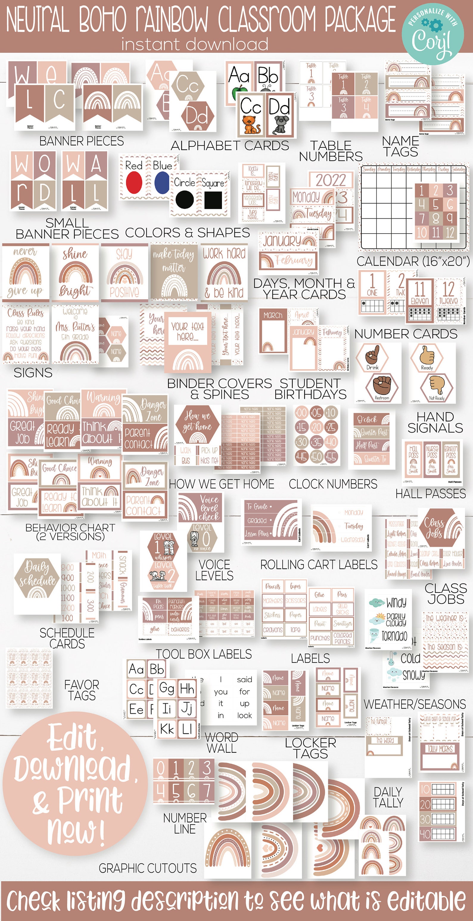Neutral Boho Rainbow Classroom Theme Supplies and Decorations Printable ...