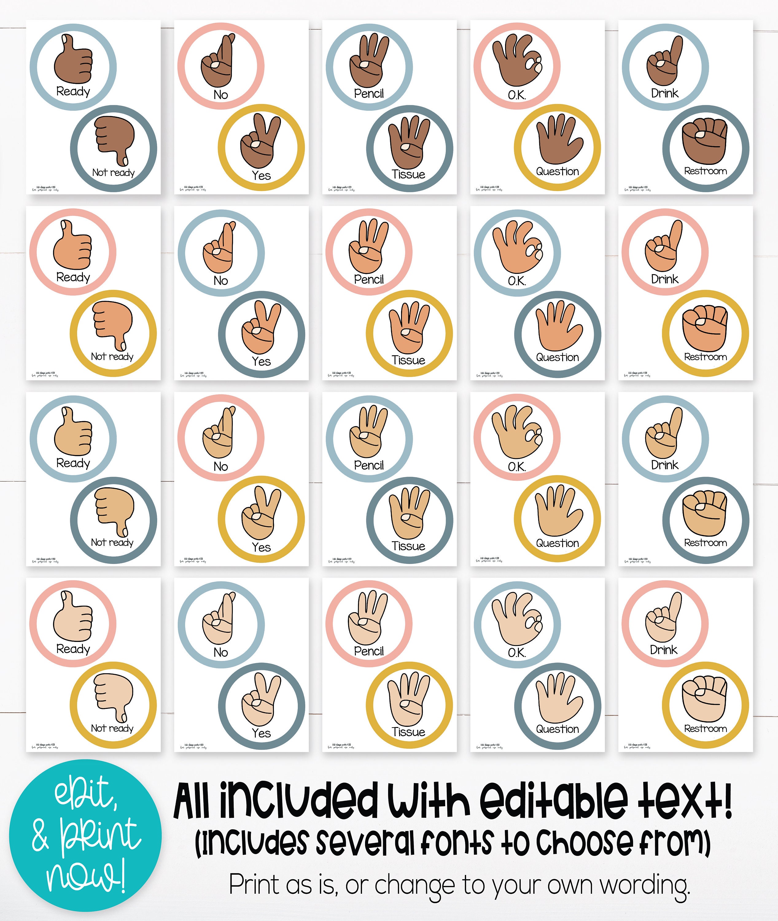 Boho Rainbow Theme Classroom Multicultural Hand Signals Printable ...