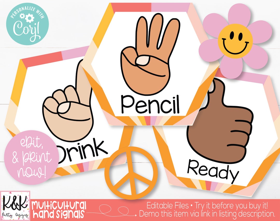Retro Groovy Theme Classroom Multicultural Hand Signals Printable ...