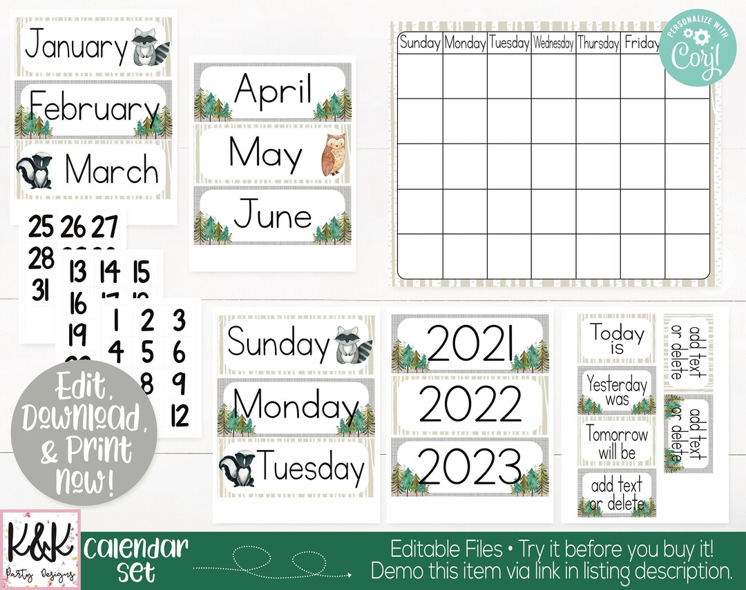 Woodland Classroom Calendar Set Printable, Woodland Forest Theme ...