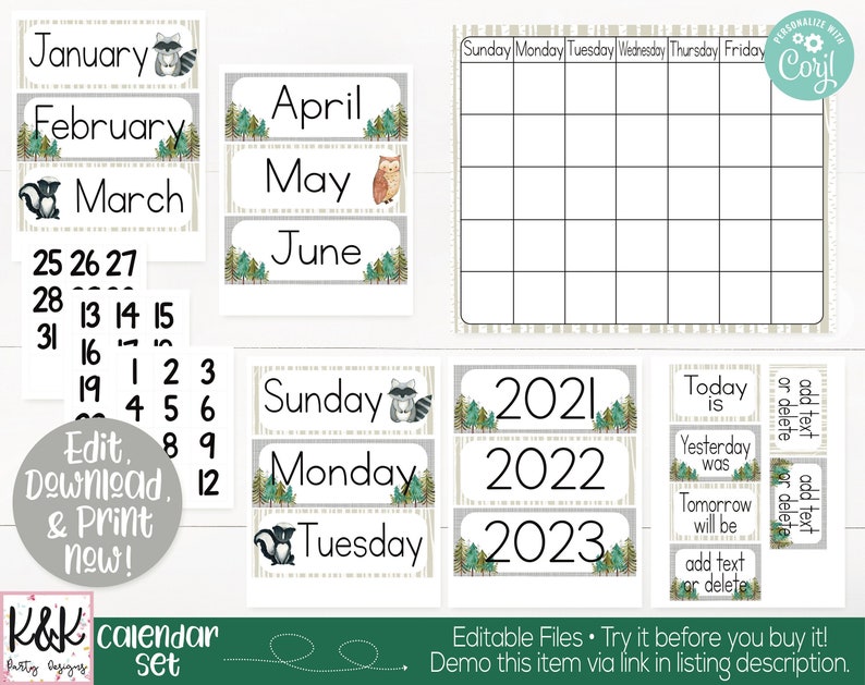 Woodland Classroom Calendar Set Printable Woodland Forest - Etsy