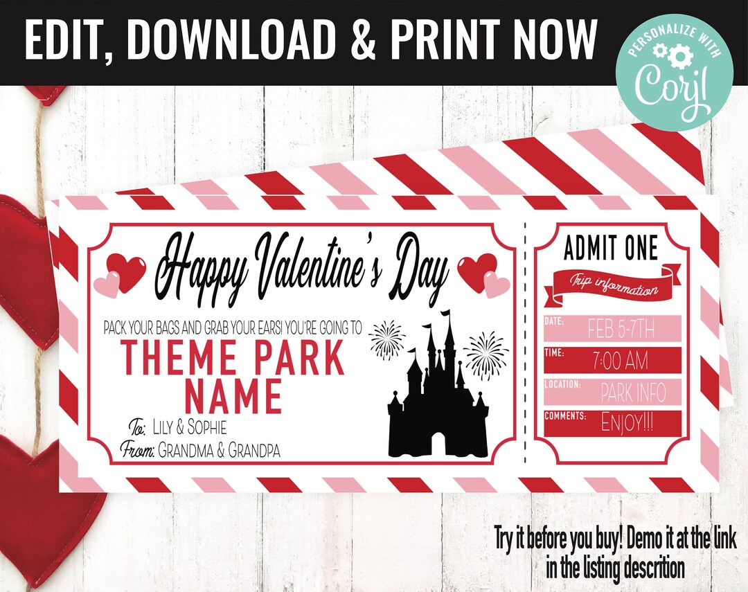 Valentine's Day Surprise Theme Park Ticket Gift Voucher, Amusement Park ...