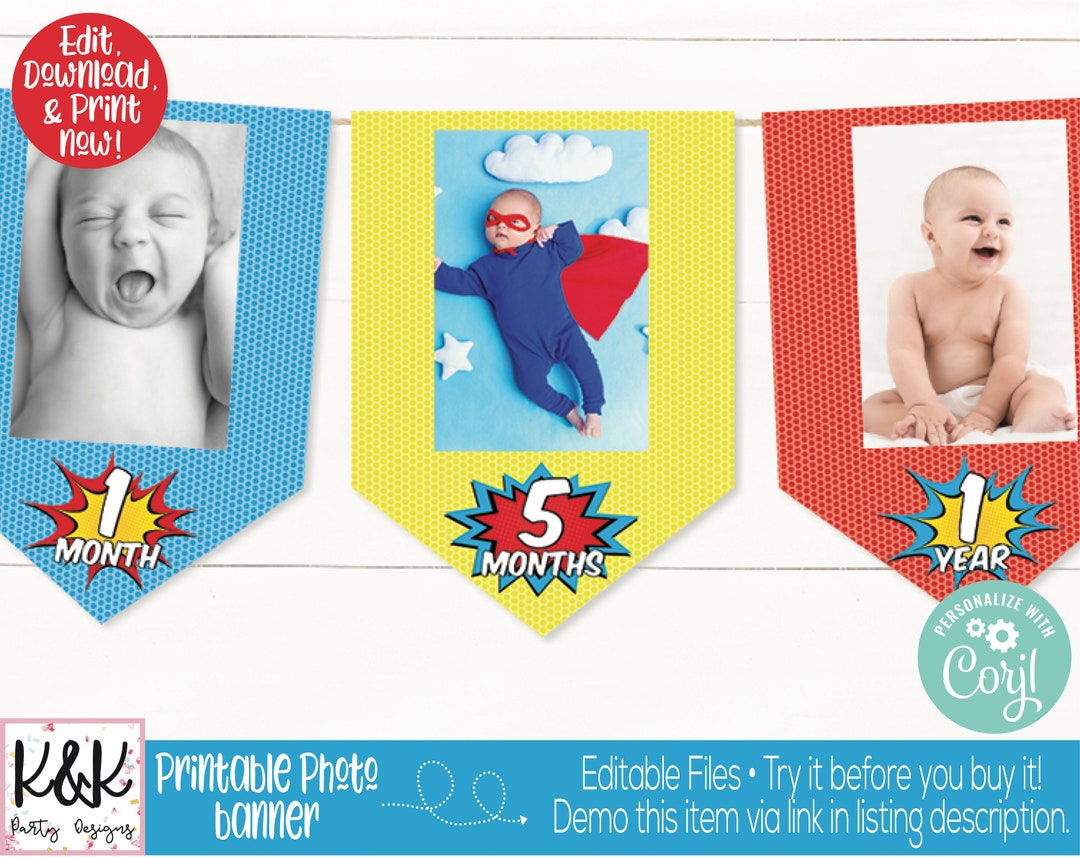 Superhero Monthly Photo Banner, Superhero Birthday Party Decoration ...