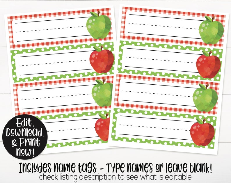 Apple Classroom Name Tags Printable Apple Theme Teacher - Etsy