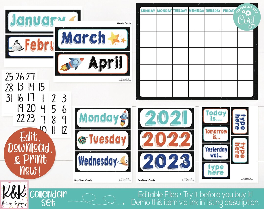 Outer Space Classroom Calendar Set Printable, Space Theme, Teacher ...