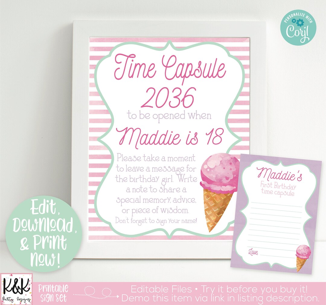 Ice Cream Time Capsule Sign, 1st Birthday Capsule, Ice Cream Birthday ...