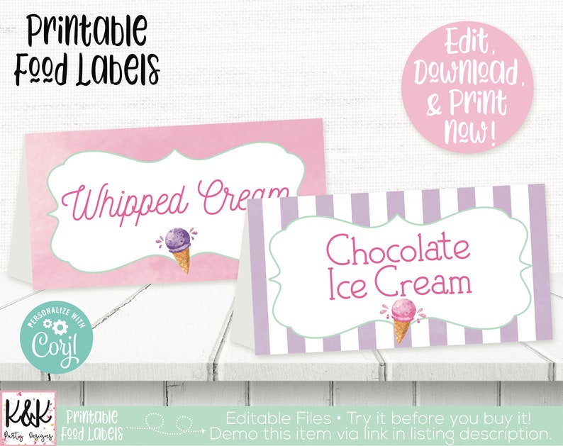 Ice Cream Food Labels, Ice Cream Place Cards, Ice Cream Buffet Cards ...