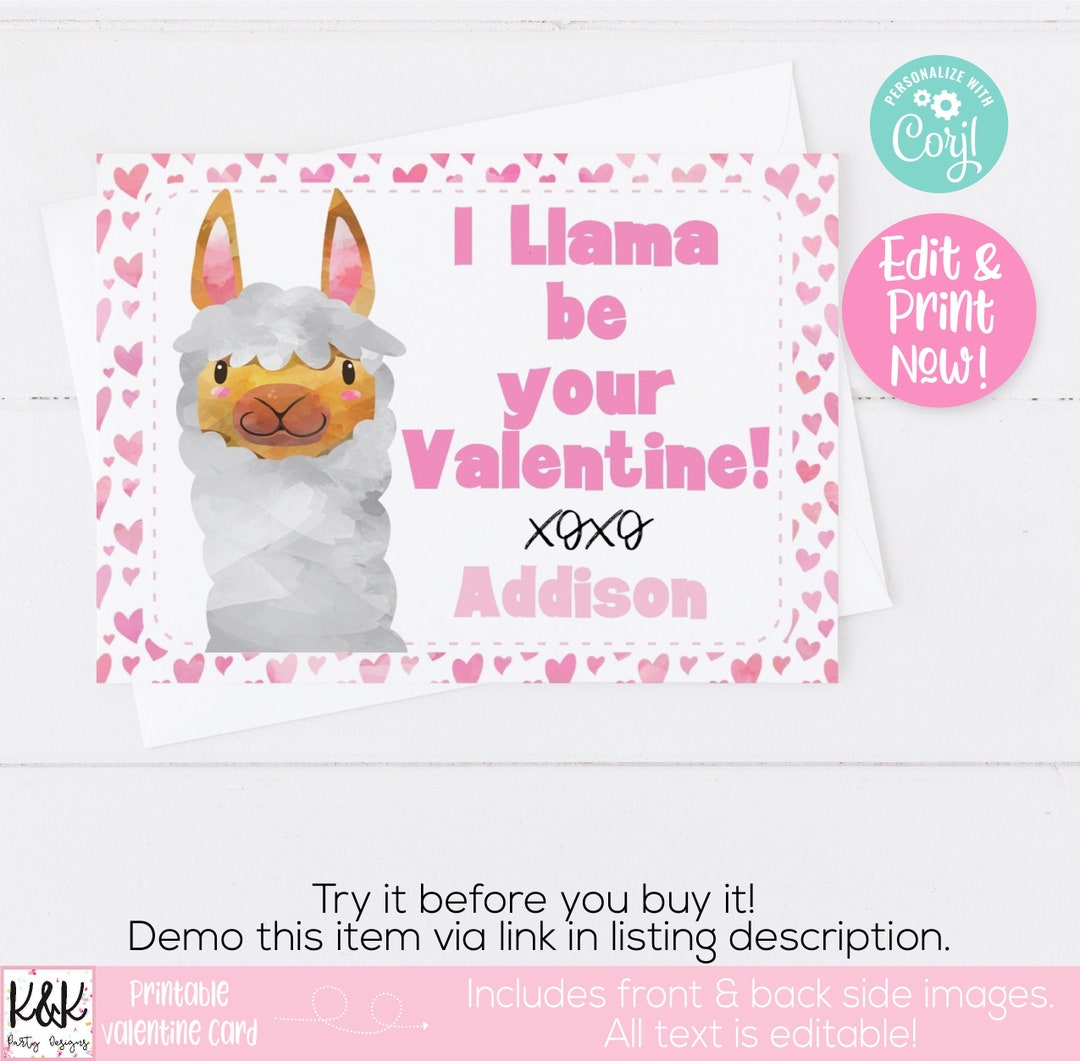 Llama Valentines Day Card, Kids Valentines Day Card Exchange, Llama Be ...
