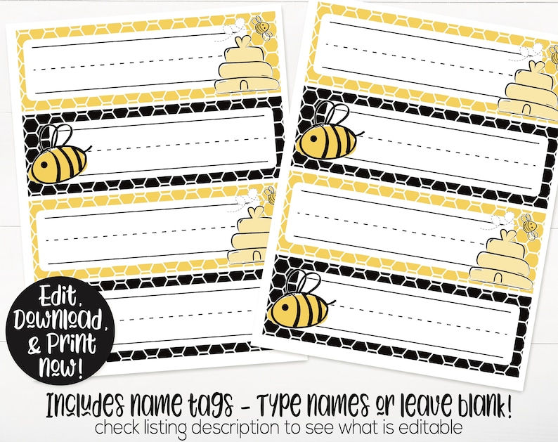 Bee Classroom Name Tags Printable Bee Theme Teacher Supply - Etsy