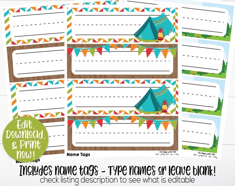 Camping Classroom Desk Name Tag Printable Camping Forest | Etsy